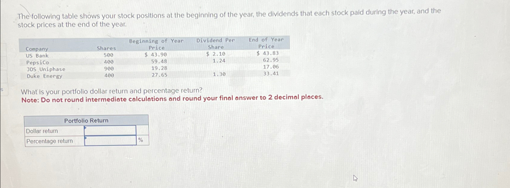 Solved The following table shows your stock positions at the | Chegg.com