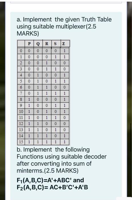 Solved 0 4 A Implement The Given Truth Table Using Suitable 0468