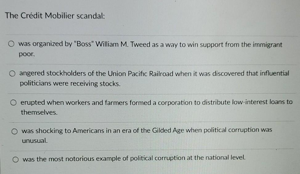 Solved The Crédit Mobilier scandal: O was organized by | Chegg.com