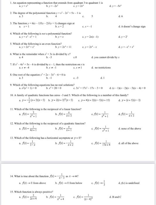 Solved 1. An equation representing a function that extends | Chegg.com