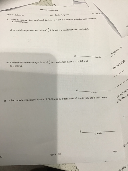 Solved U Send Aagent DESK Pre-Calculus 12 Unit 1 Send-in | Chegg.com