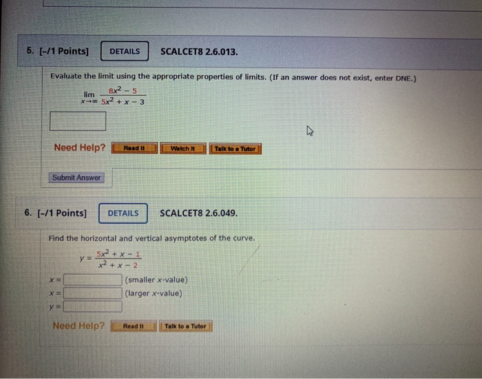 Solved 5. [-/1 Points) DETAILS SCALCET8 2.6.013. Evaluate | Chegg.com