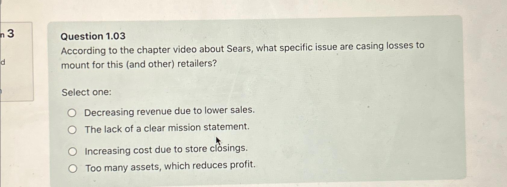 Solved Question 1.03According to the chapter video about | Chegg.com