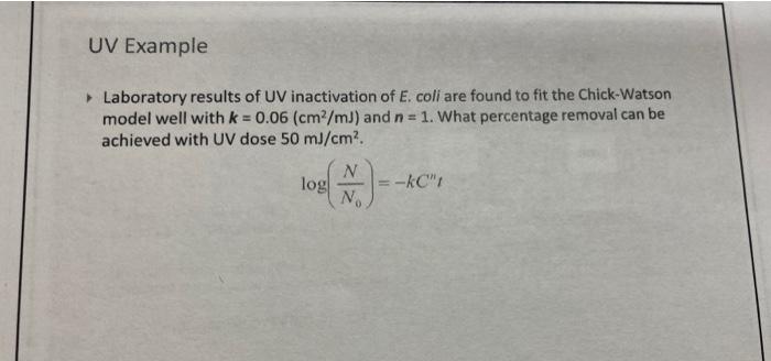 Solved UV Example Laboratory results of UV inactivation of | Chegg.com