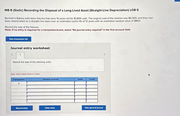 Solved M8-8 (Static) Recording the Disposal of a Long-Lived | Chegg.com