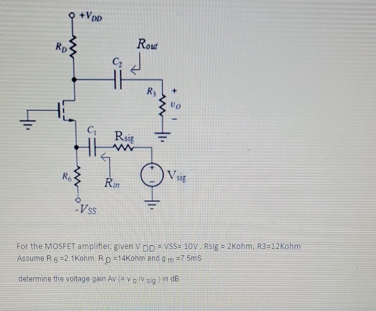 Solved For the MOSFET amplifier, given VDD=VSS=10 V, Rsig | Chegg.com