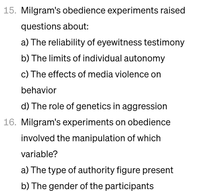 Solved Milgram's obedience experiments raised questions | Chegg.com