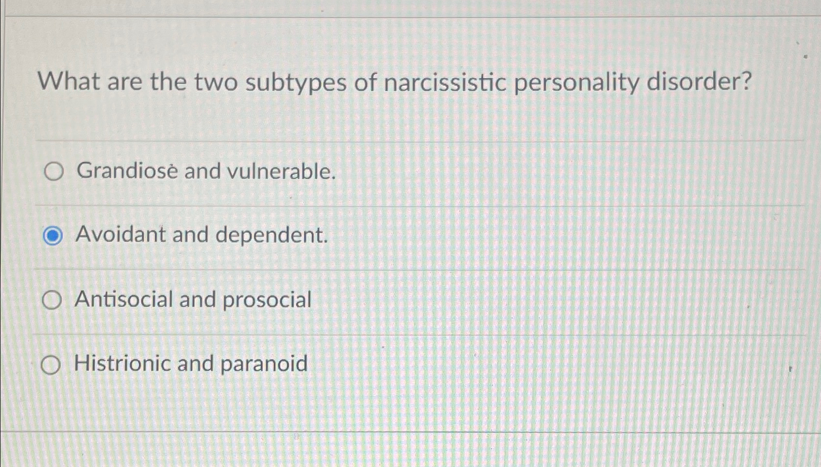 Solved What are the two subtypes of narcissistic personality | Chegg.com