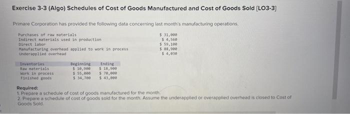 Solved Exercise 3-3 (Algo) Schedules of Cost of Goods | Chegg.com
