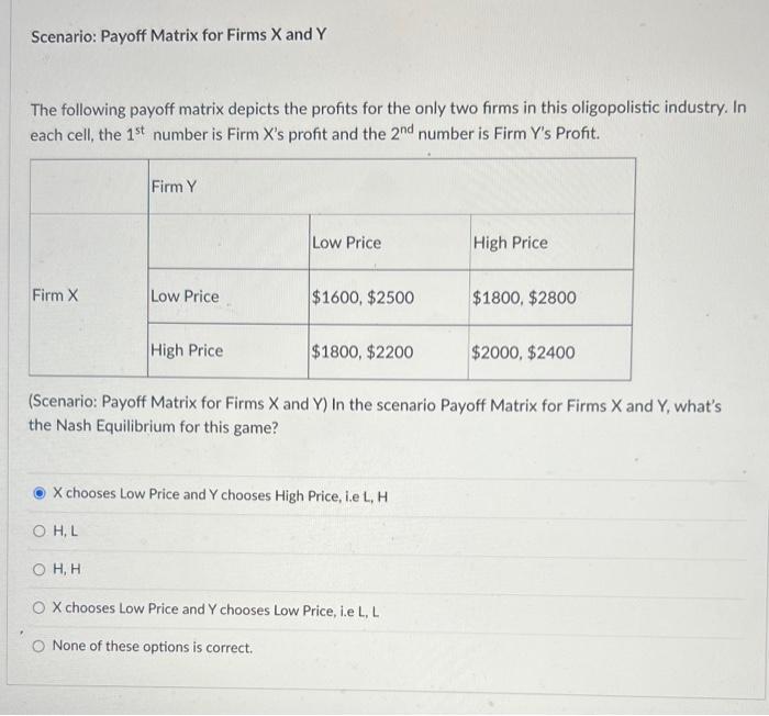 Solved Scenario: Payoff Matrix for Firms X and Y The | Chegg.com Solved Scenario: Payoff Matrix for Firms X and Y The | Chegg.com