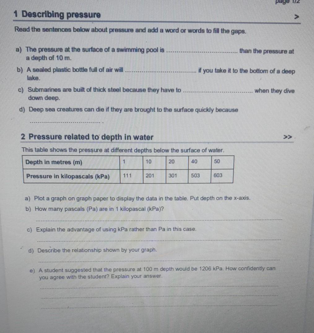 Solved 12 1 Describing pressure Read the sentences below | Chegg.com