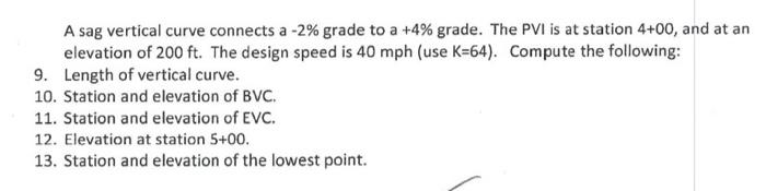 Solved A sag vertical curve connects a −2% grade to a +4% | Chegg.com