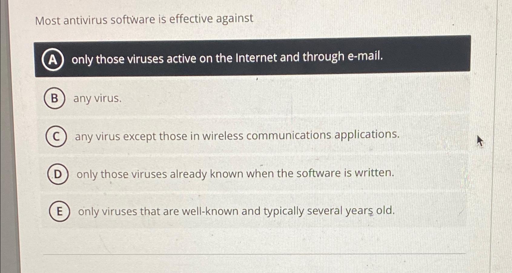 Solved Most antivirus software is effective againstonly | Chegg.com