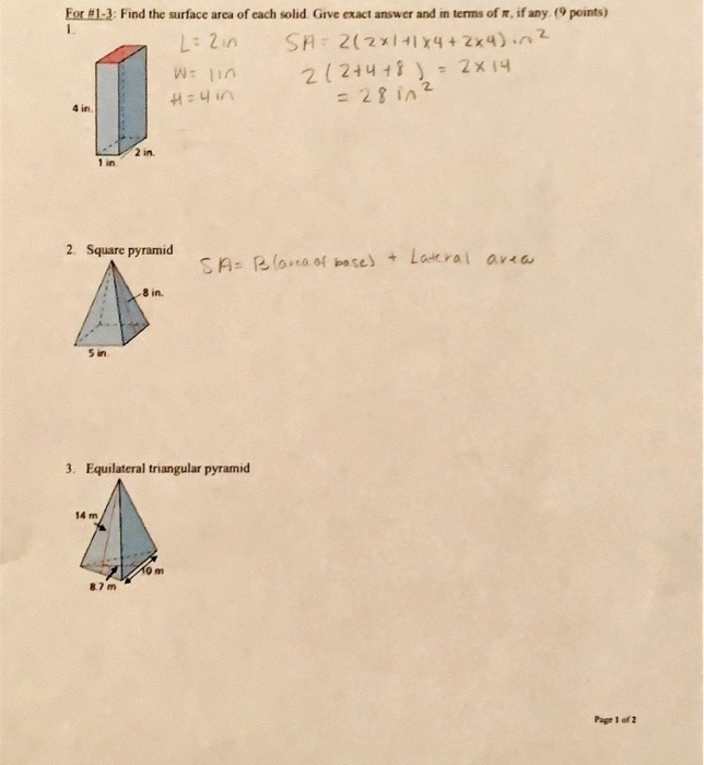 Solved 2. Square pyramid SA= Blarea of boses & Lateral area | Chegg.com