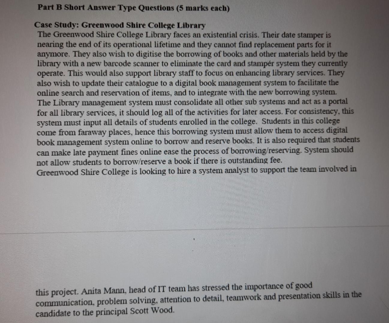 Solved Part B Short Answer Type Questions (5 marks each) | Chegg.com