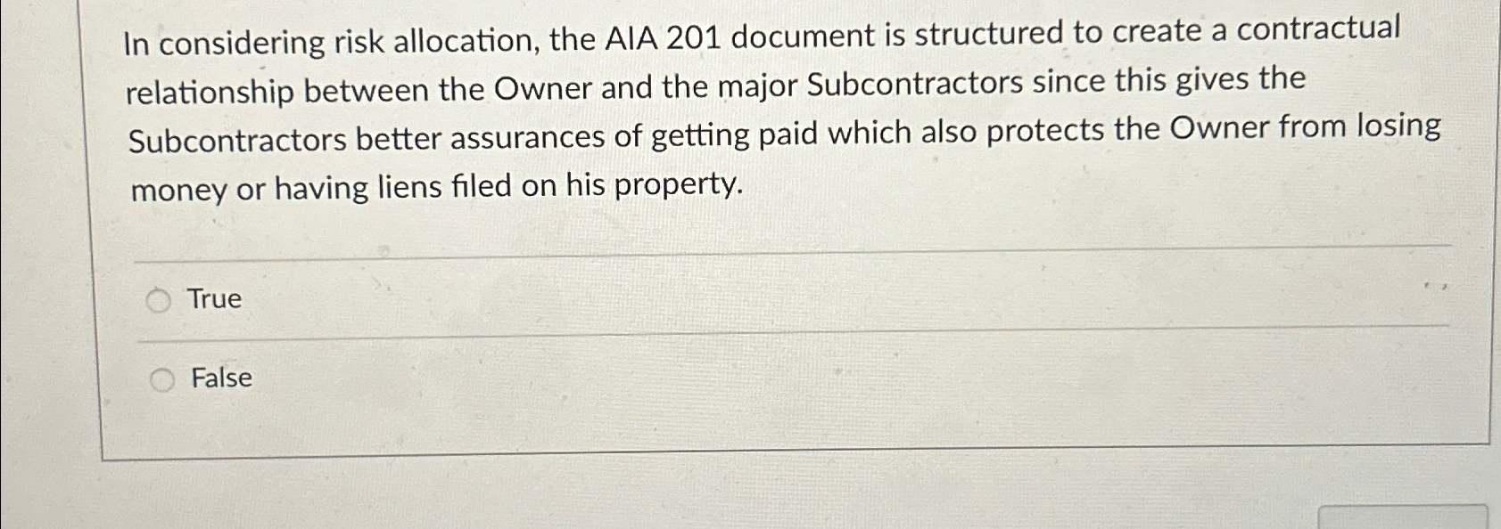 Solved In considering risk allocation, the AIA 201 ﻿document | Chegg.com