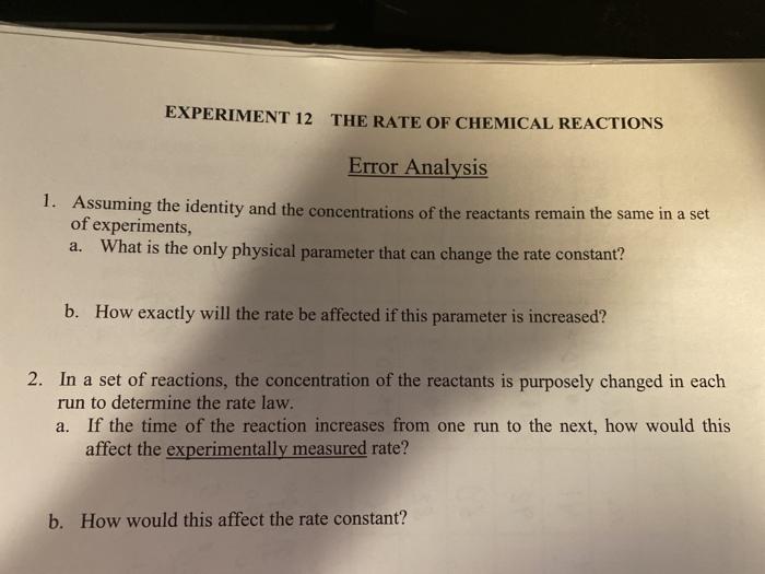 Solved EXPERIMENT 12 THE RATE OF CHEMICAL REACTIONS Error | Chegg.com