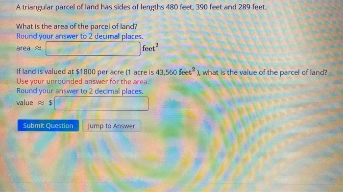 Solved A triangular parcel of land has sides of lengths 480 | Chegg.com