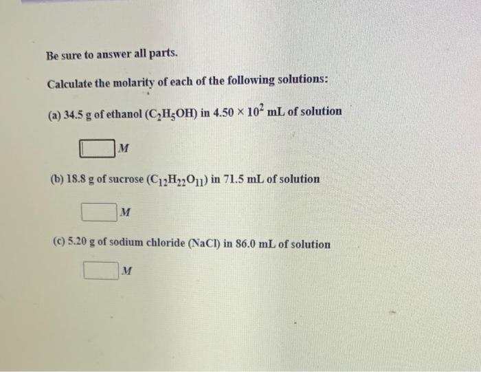 Solved Be sure to answer all parts. Calculate the molarity | Chegg.com