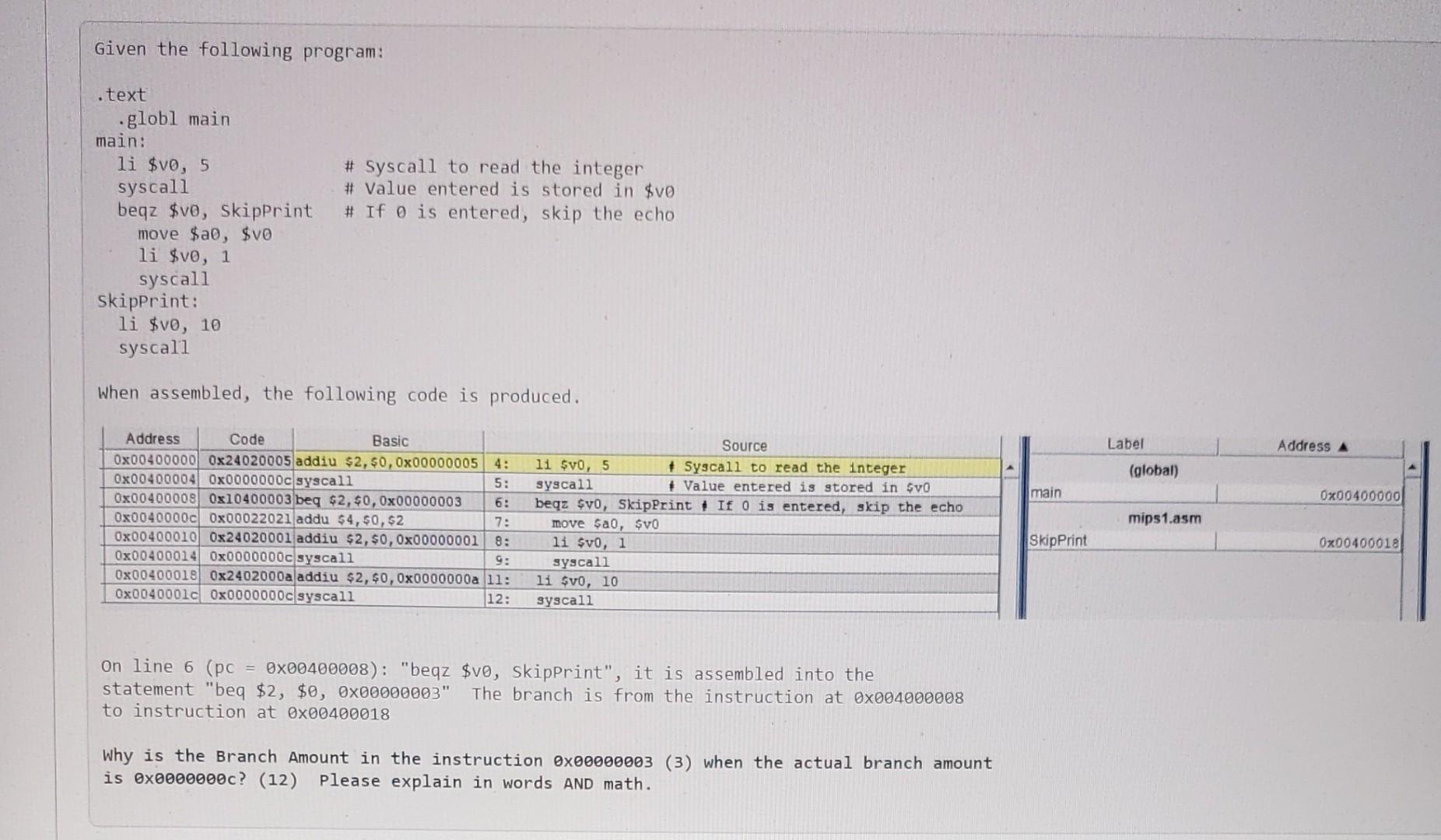 Solved Given The Following Program Text Globl Main Main 