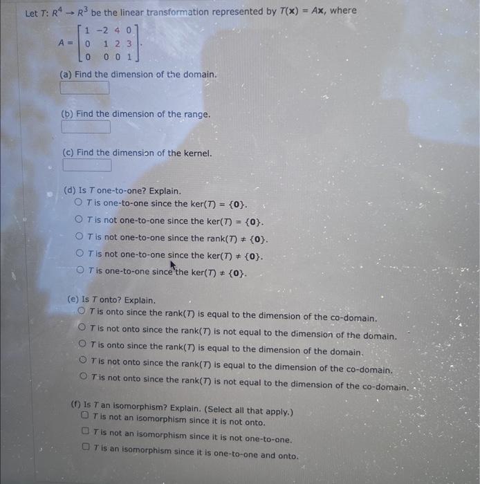 Solved Let T:R4→R3 be the linear transformation represented | Chegg.com