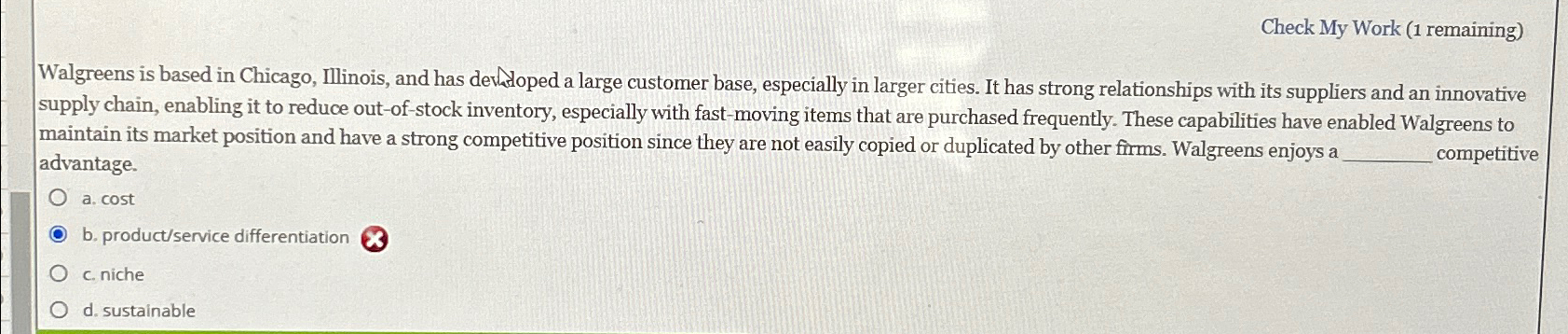 Solved Check My Work (1 ﻿remaining)Walgreens is based in | Chegg.com