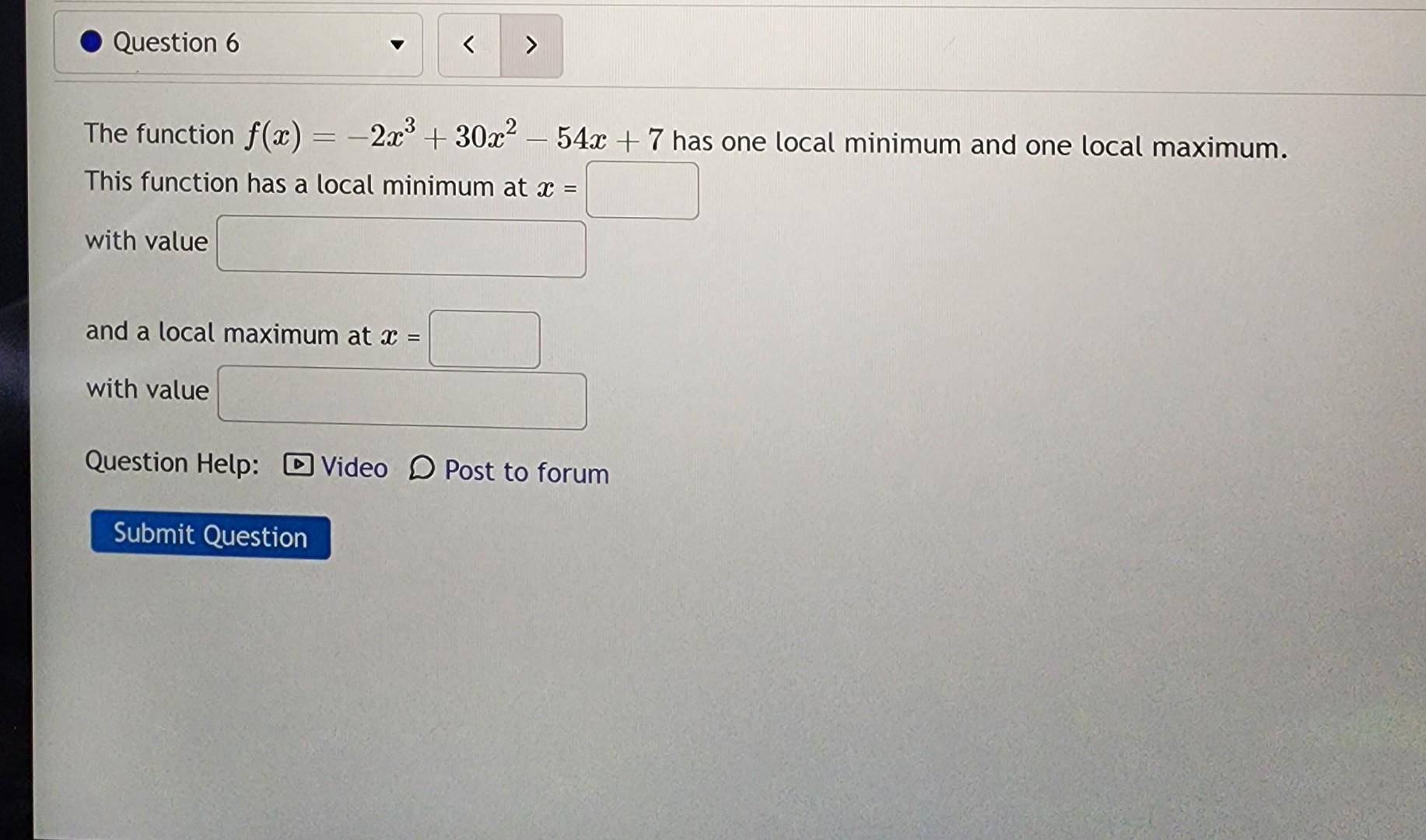 Solved The function f(x)=−2x3+30x2−96x+4 has one local | Chegg.com