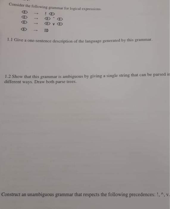 Consider the following grammar for logical | Chegg.com