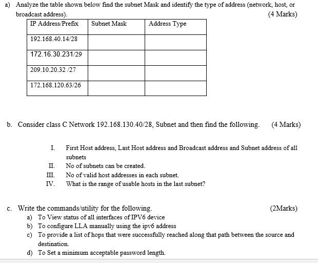Solved a) Analyze the table shown below find the subnet Mask | Chegg.com