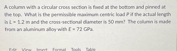 Solved A column with a circular cross section is fixed at | Chegg.com