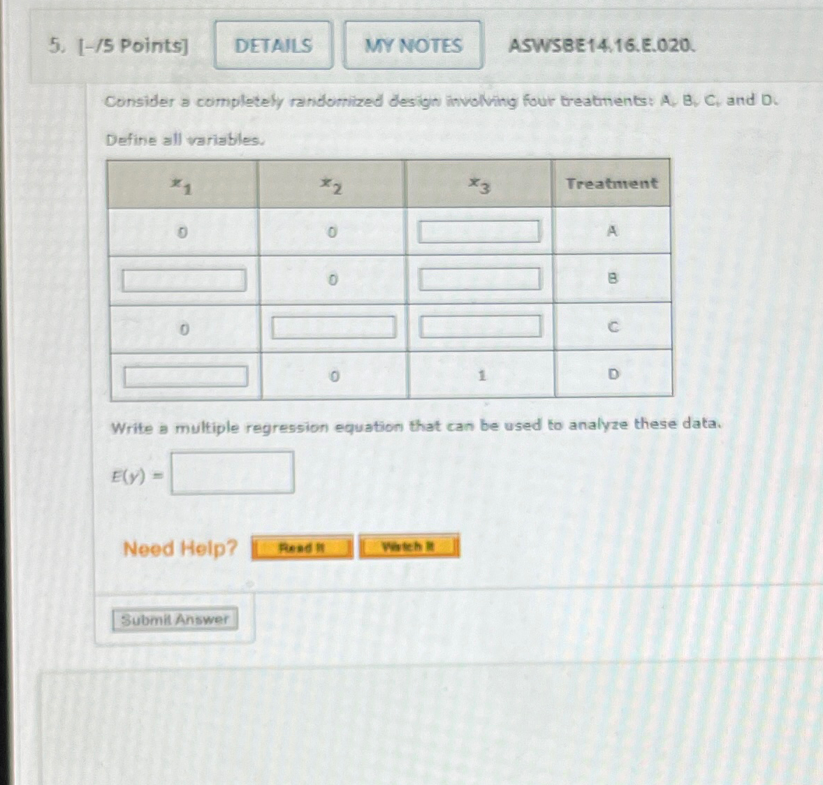 Solved [-/5 ﻿Points]ASWSBE14,16.E.020.Consider a completely | Chegg.com