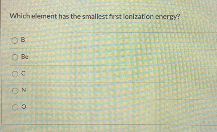 Solved SEE Which element has the smallest first ionization | Chegg.com