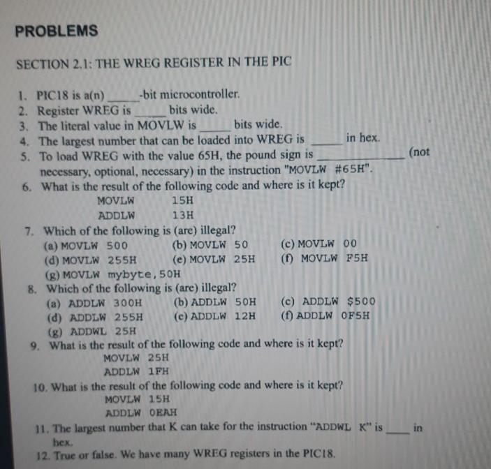 Solved PROBLEMS SECTION 2.1: THE WREG REGISTER IN THE PIC | Chegg.com
