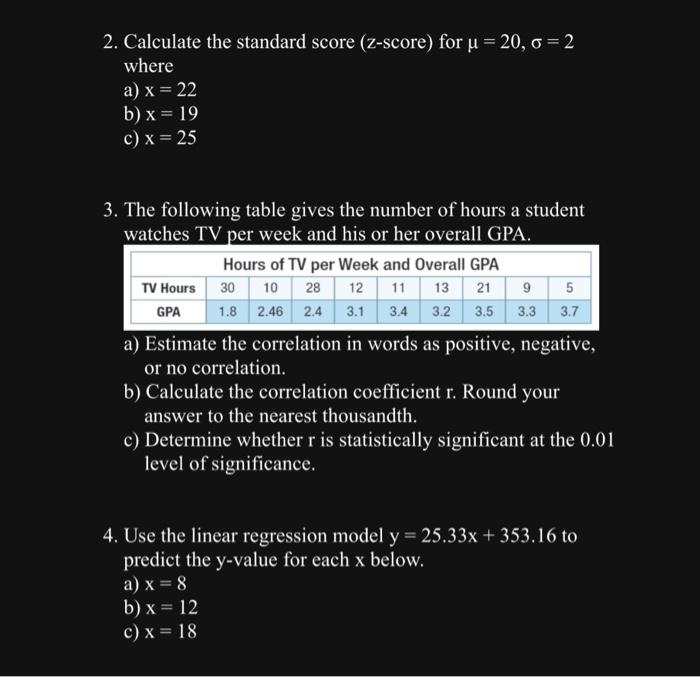 Solved 2. Calculate the standard score (z-score) for | Chegg.com