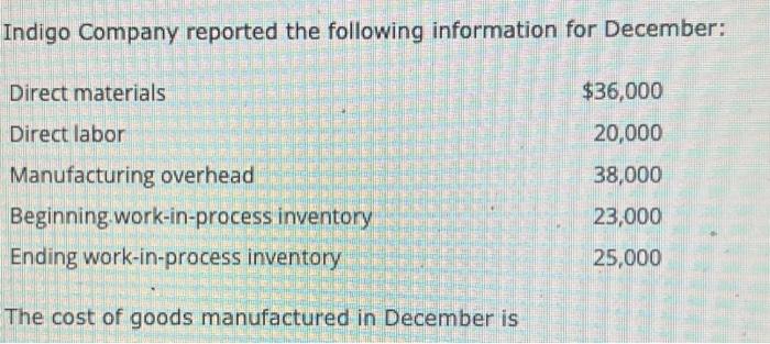 Solved Indigo Company reported the following information for | Chegg.com