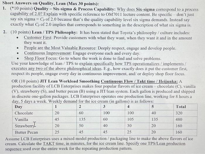 Solved Short Answers on Quality, Lean (Max 30 points): 1. | Chegg.com