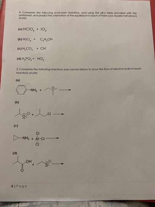 Solved 4. Complete the following acid-base reactions, and | Chegg.com