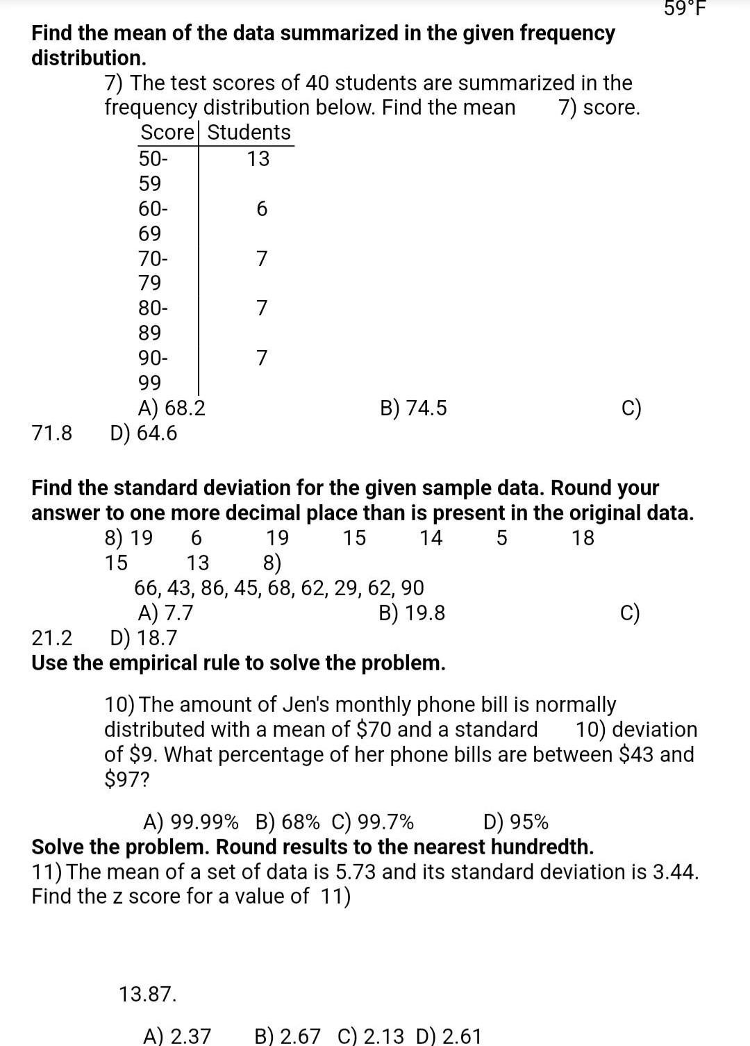 Solved Find the mean of the data summarized in the given | Chegg.com