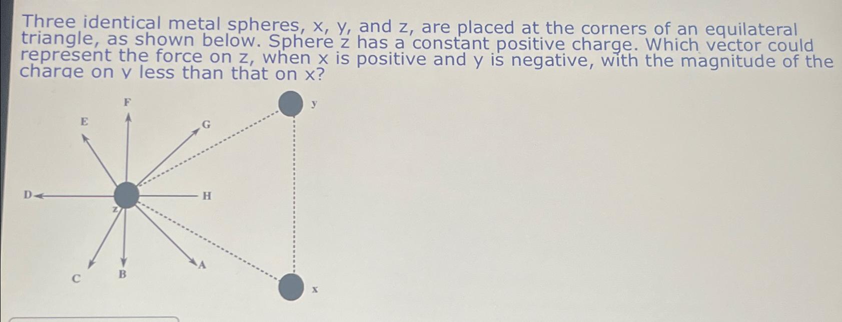 Three identical metal spheres, x,y, and z, are placed | Chegg.com