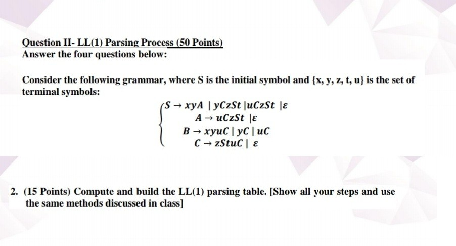 Solved Question II- LL(1) Parsing Process (50 Points) Answer | Chegg.com
