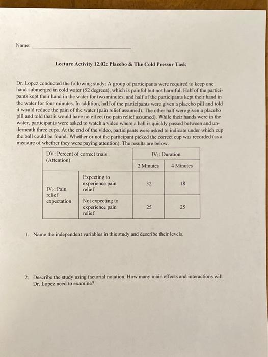 Solved Name: Lecture Activity 12.02: Placebo & The Cold | Chegg.com
