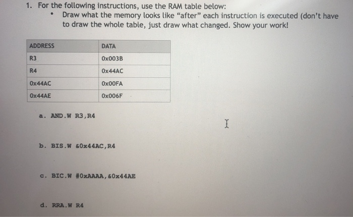 Solved 1. For the following instructions, use the RAM table | Chegg.com