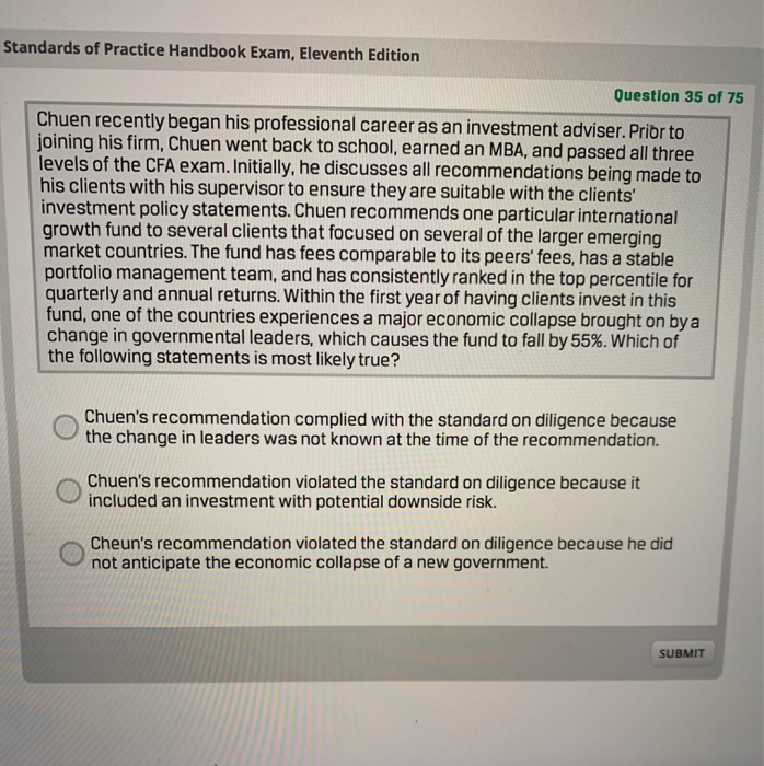 Solved Standards of Practice Handbook Exam, Eleventh Edition | Chegg.com