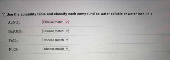 Solved 1) Use the solubility table and classify each | Chegg.com