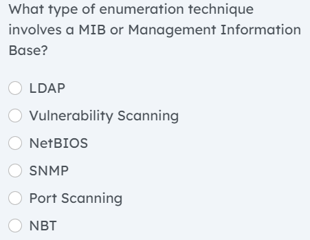 Solved What type of enumeration techniqueinvolves a MIB or | Chegg.com