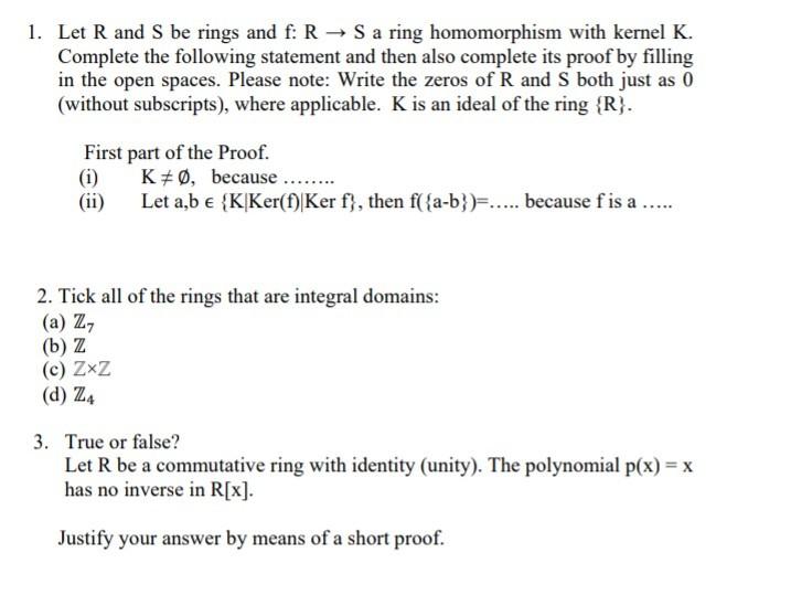 Solved 1 Let R And S Be Rings And F R S A Ring 