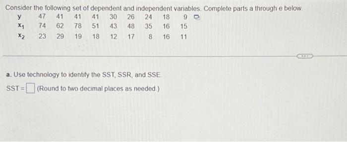 Solved a. Use technology to identify the SST, SSR, and SSE. | Chegg.com