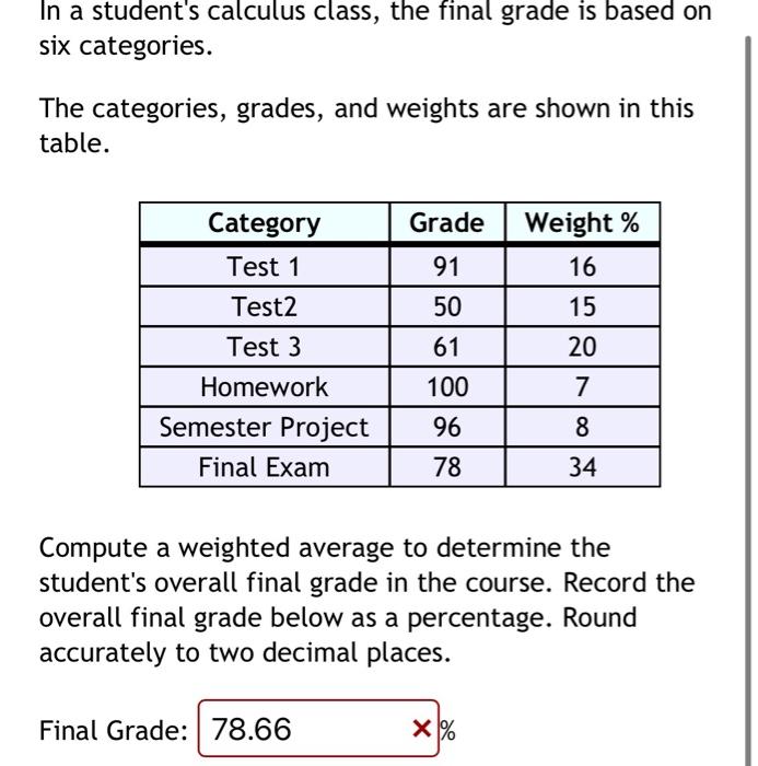 Solved In a student's calculus class, the final grade is | Chegg.com