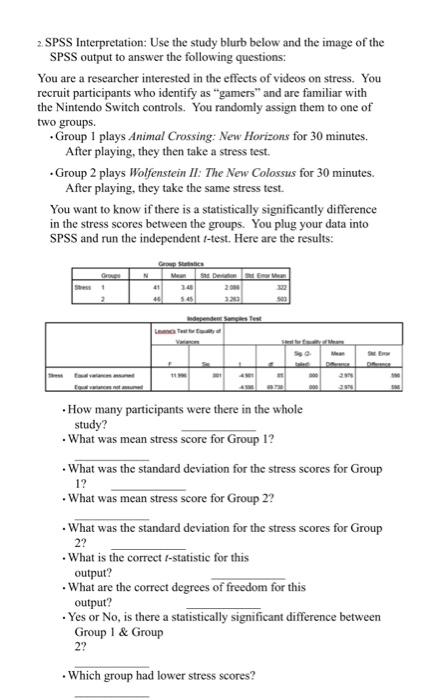 Solved 2. SPSS Interpretation: Use the study blurb below and | Chegg.com