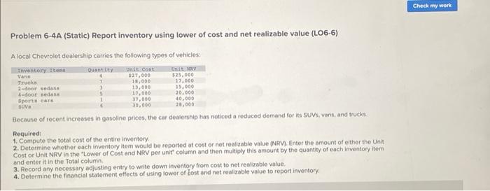 Solved Problem 6-4A (Static) Report inventory using lower of | Chegg.com